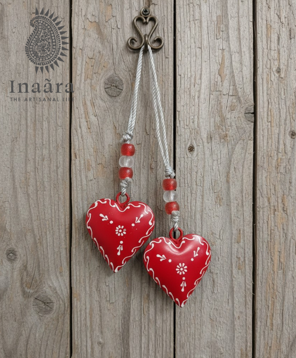 Hand Painted Red Hanging Heart Bells | Inaara